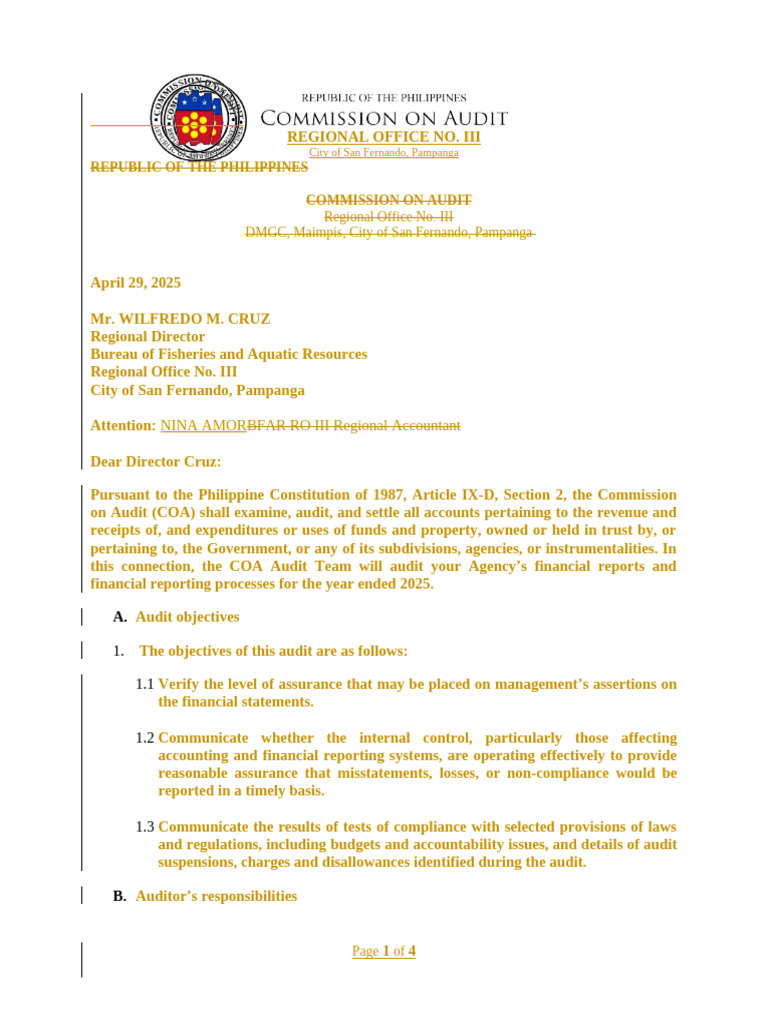 Reviewed - BFAR R3 - Engagement Letter | PDF | Audit | Internal Control