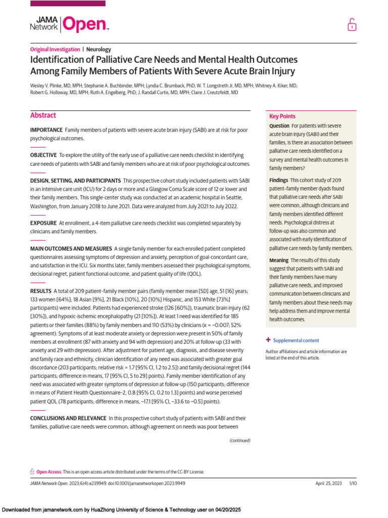 Identification of Palliative Care Needs and Mental Health Outcomes ...