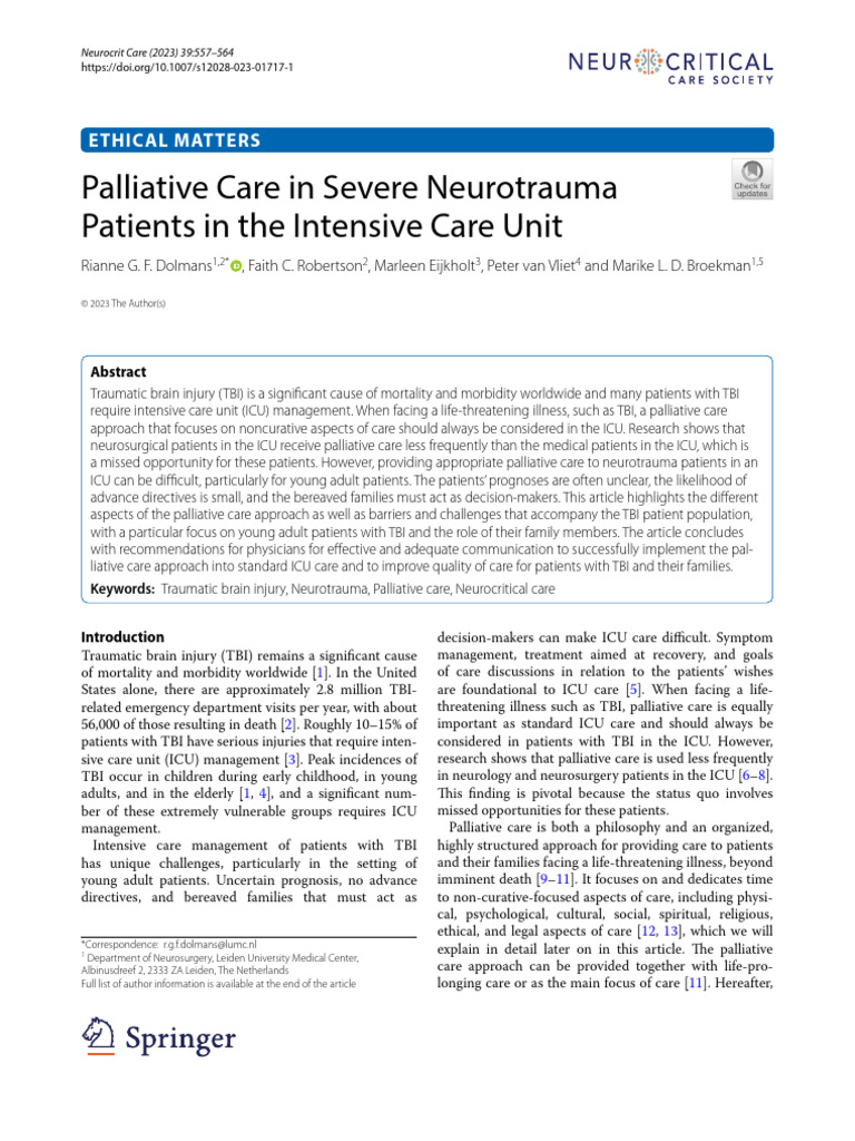 Palliative Care in Severe Neurotrauma Patients in The Intensive Care ...