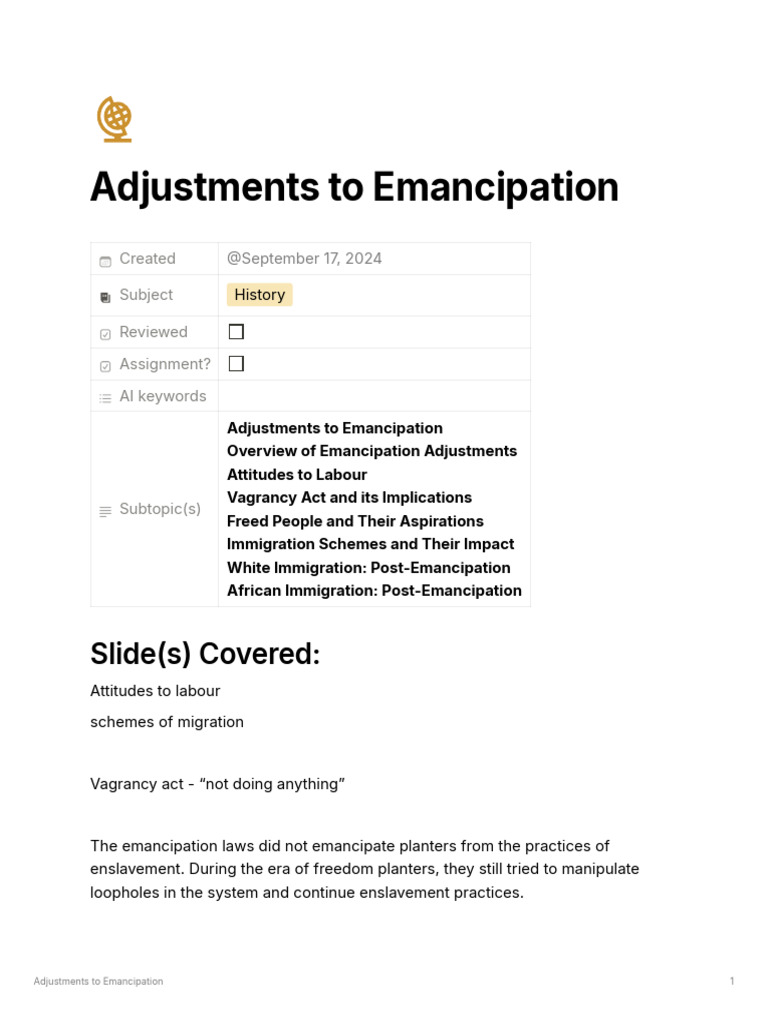 Emancipation Adjustments and Labor Dynamics | PDF | Immigration | Human ...