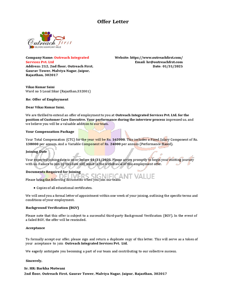 Offer of Employment to Vikas Kumar Saini | PDF