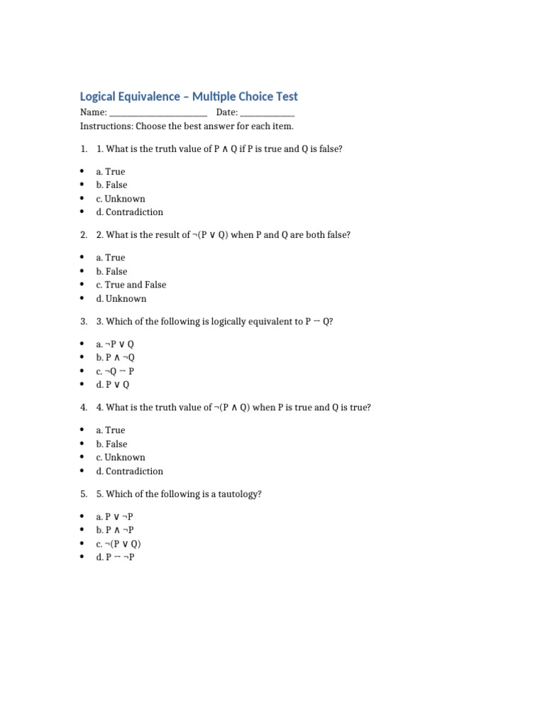 Logical Equivalence MCQ Test Guide | PDF