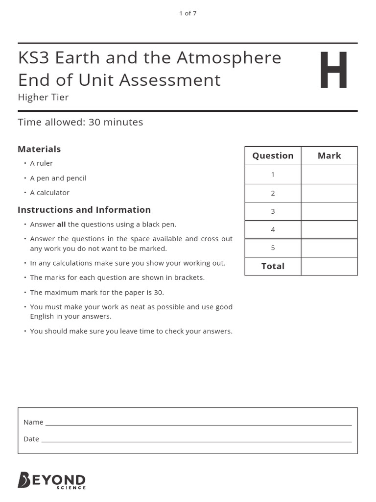 KS3 Earth and Atmosphere Assessment | PDF | Atmosphere Of Earth ...