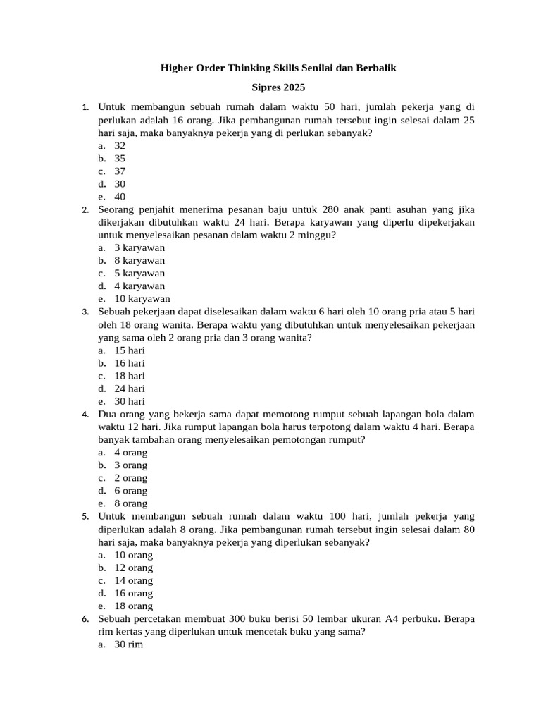 Soal Perbandingan Senilai Dan Berbalik Higher Order Thinking Skills | PDF