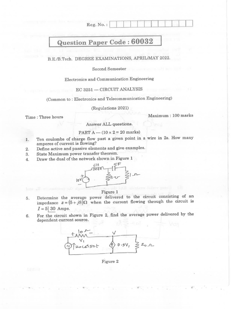 Circuit Analysis - EC3251 2021 Regulation - Question Paper 2022 April ...