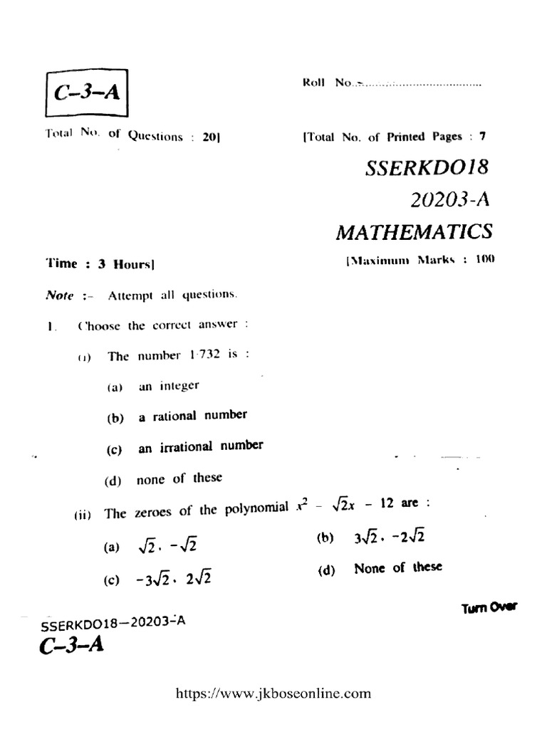 JK Bose Class 10 Mathematics 20203 A 2018 | PDF