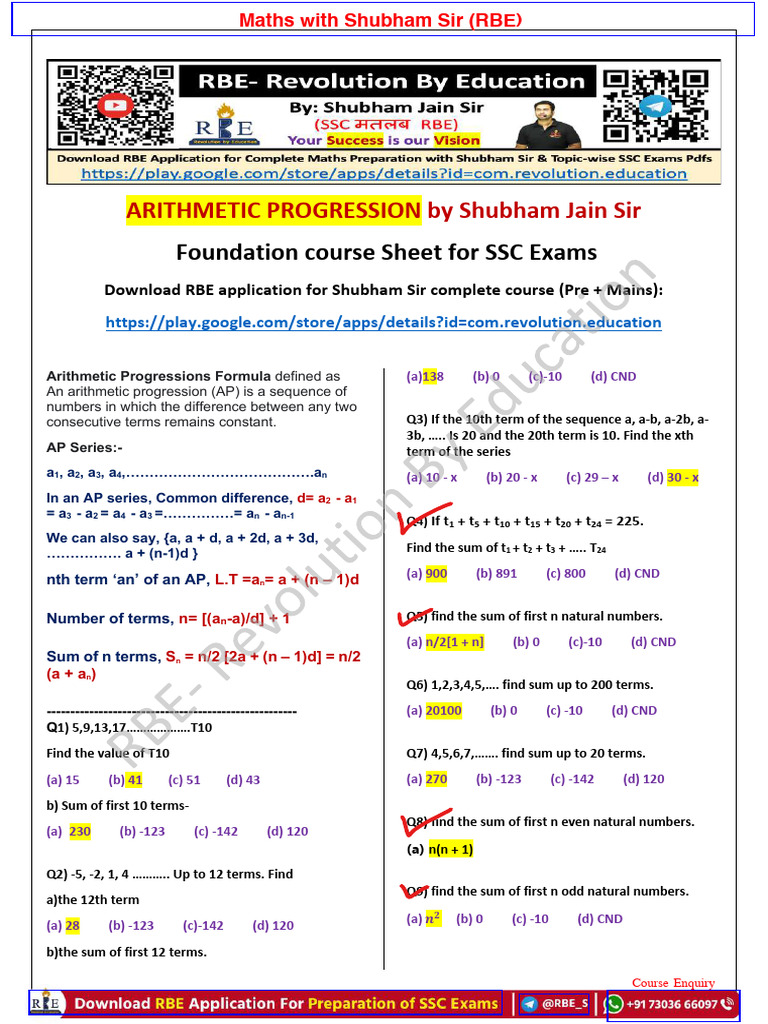 Arithmetic Progression by Shubham Jain Sir: Foundation Course Sheet For SSC Exams | PDF | Mean ...