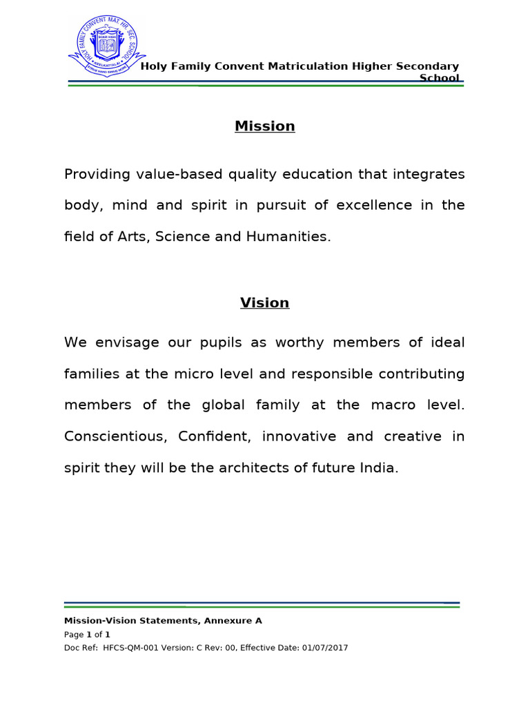 0.1 HFCS - Annexure A - Mission-Vision Statements | PDF