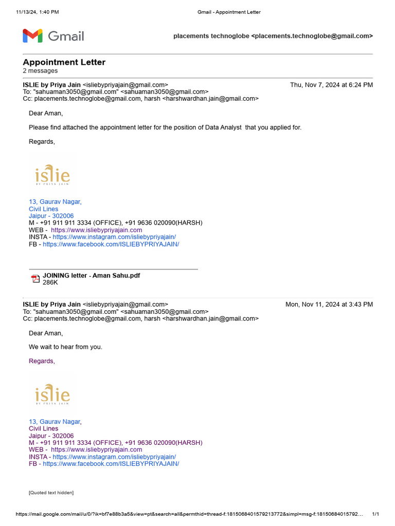 Gmail - Appointment Letter Aman | PDF