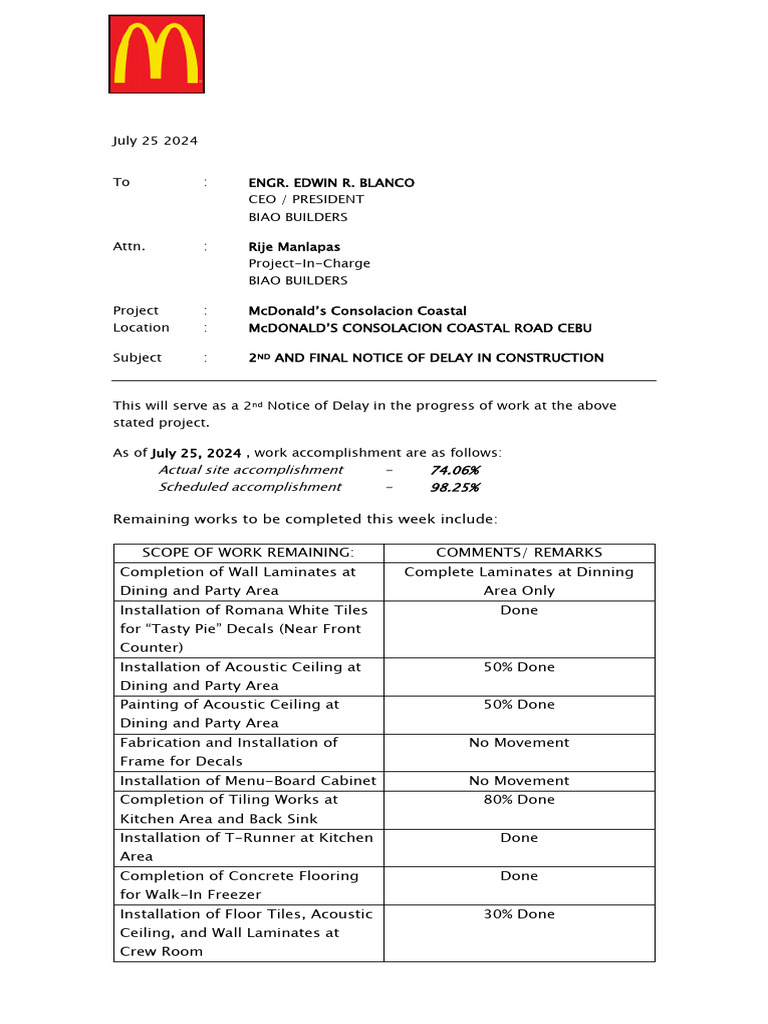 2nd Notice of Delay - BiaoBuilders (1) - Signed | PDF | Liquidated Damages