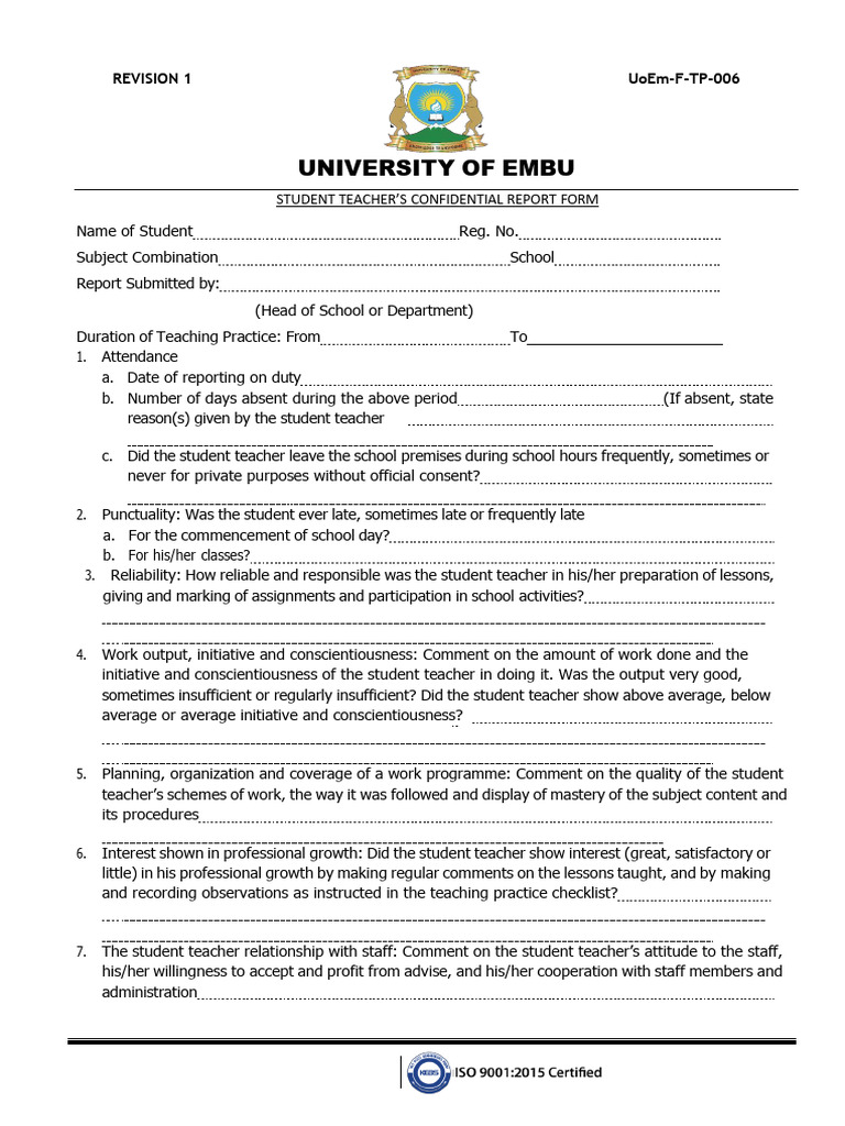 Student Teacher Confidential Report Form | PDF | Teachers | Learning