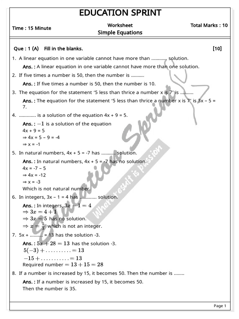 Simple Equations Worksheet _solution | PDF