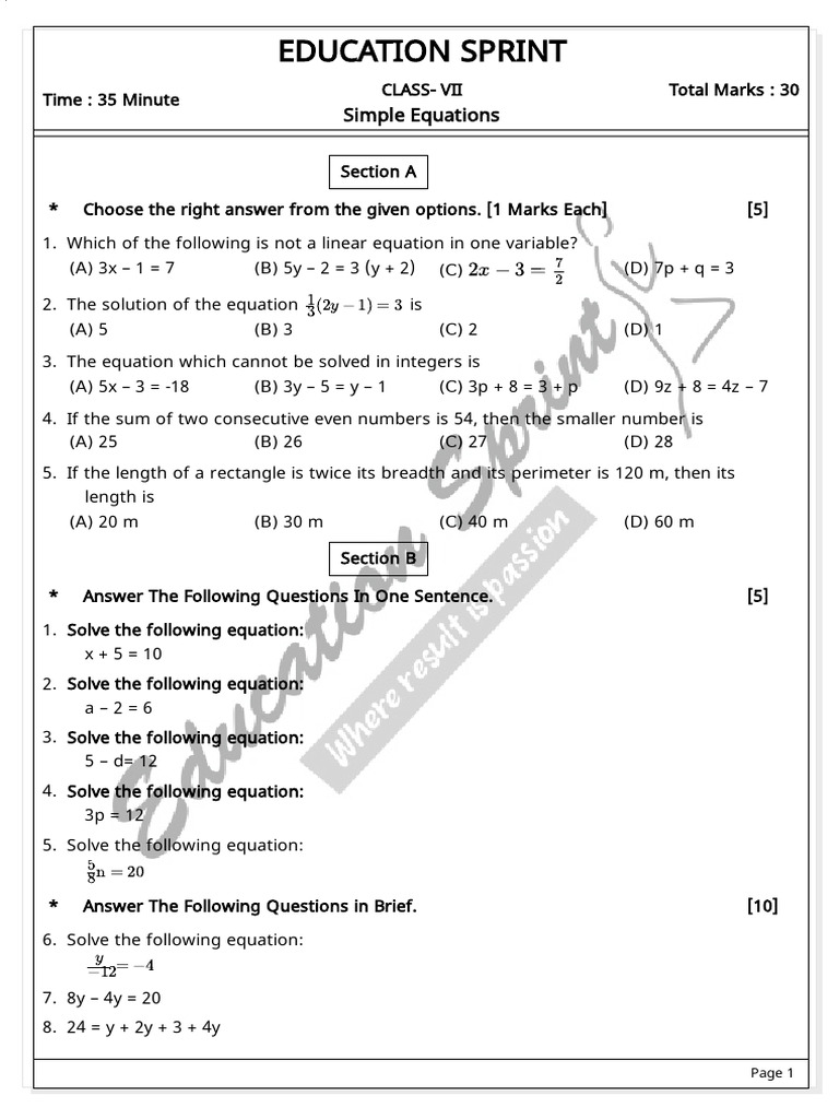 Class 7 Simple Equations Worksheet | PDF | Equations | Numbers
