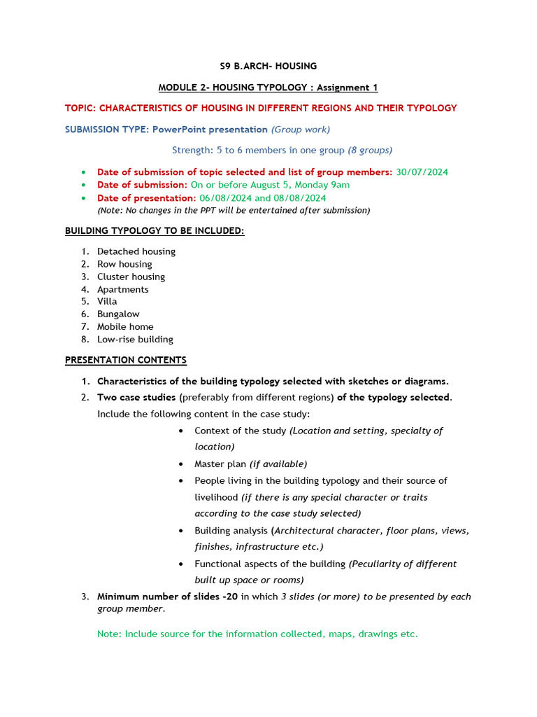 Housing Typology Characteristics Assignment | PDF