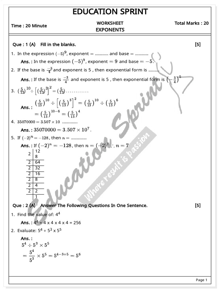 EXPONENTS WORKSHEET - Solution | PDF | Mathematics | Arithmetic