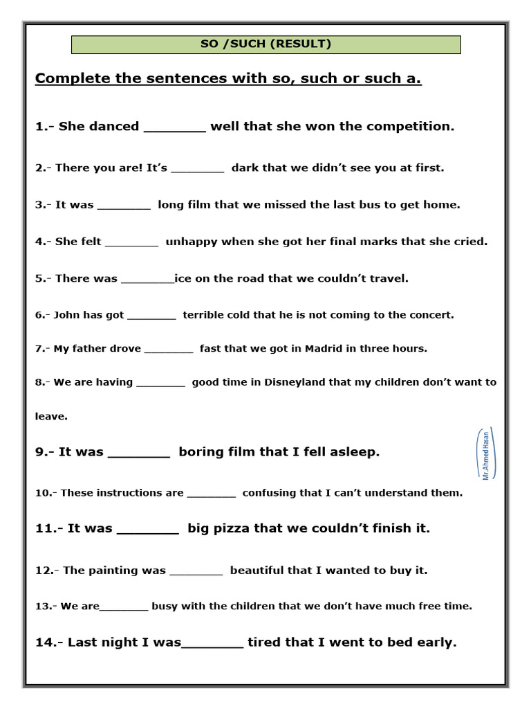 Complete Sentences with So/Such | PDF