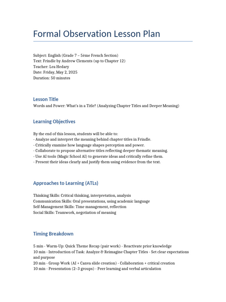 Formal Observation Lesson Plan Frindle | PDF | Lesson Plan | Artificial ...