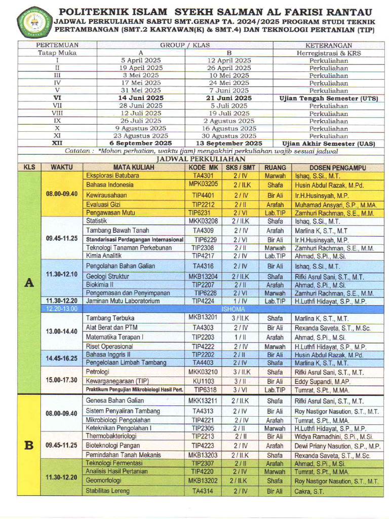 Jadwal Kuliah Sabtu Gnp.24-25.ok | PDF