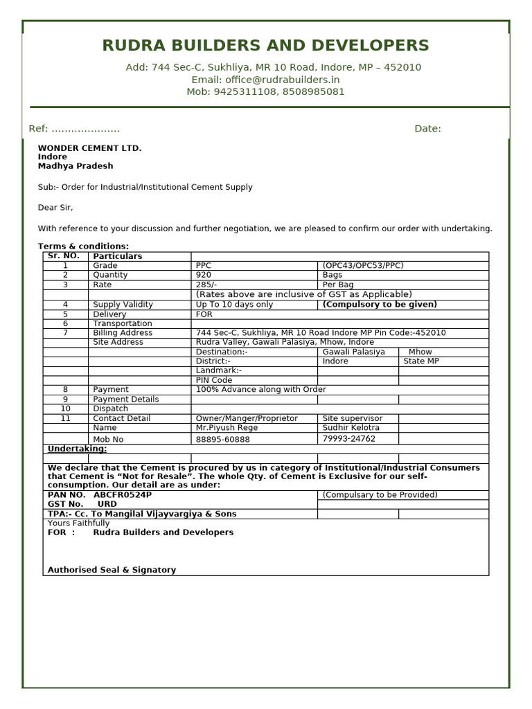 Wonder Cement Order Confirmation Indore | PDF