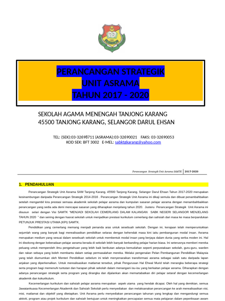 Perancangan Strategik Asrama Samtk 2017-2020 (2018) | PDF