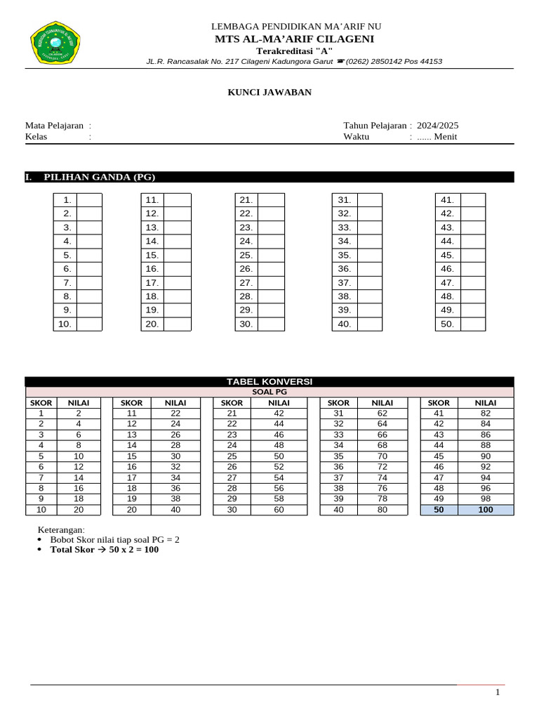 BLANKO Form Kunci Jawaban UM 2024 - 2025 | PDF