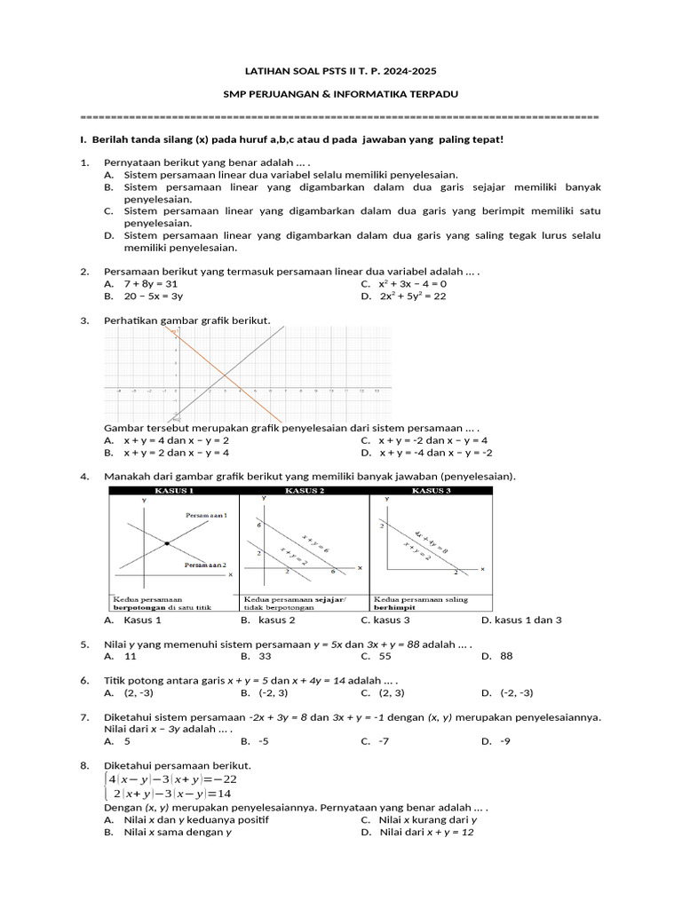 Latihan Soal Psts 2 Matematika Kelas 8 2024-2025 | PDF