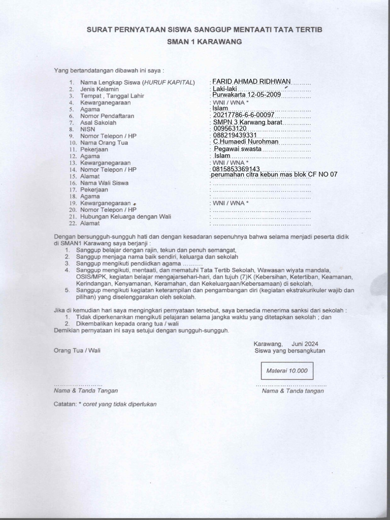 Surat Pernyataan Siswa Sanggup Mentaati Tata Tertib Sman 1 Karawang | PDF