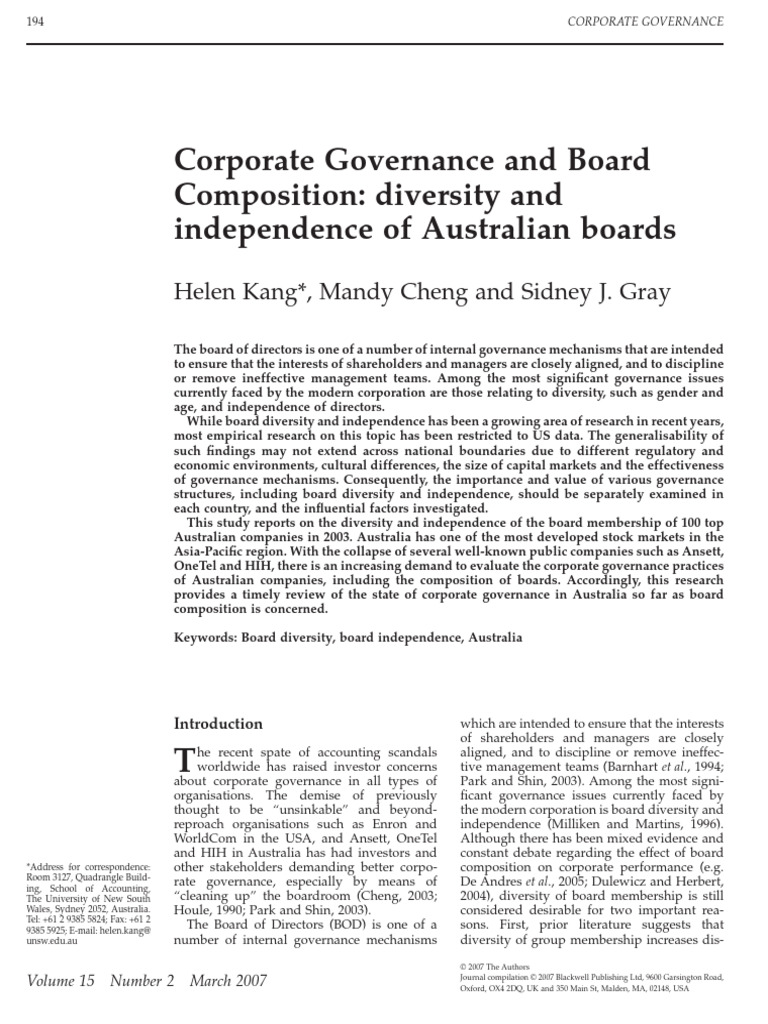 Corporate Governance and Board Composition Diversity and Independence ...