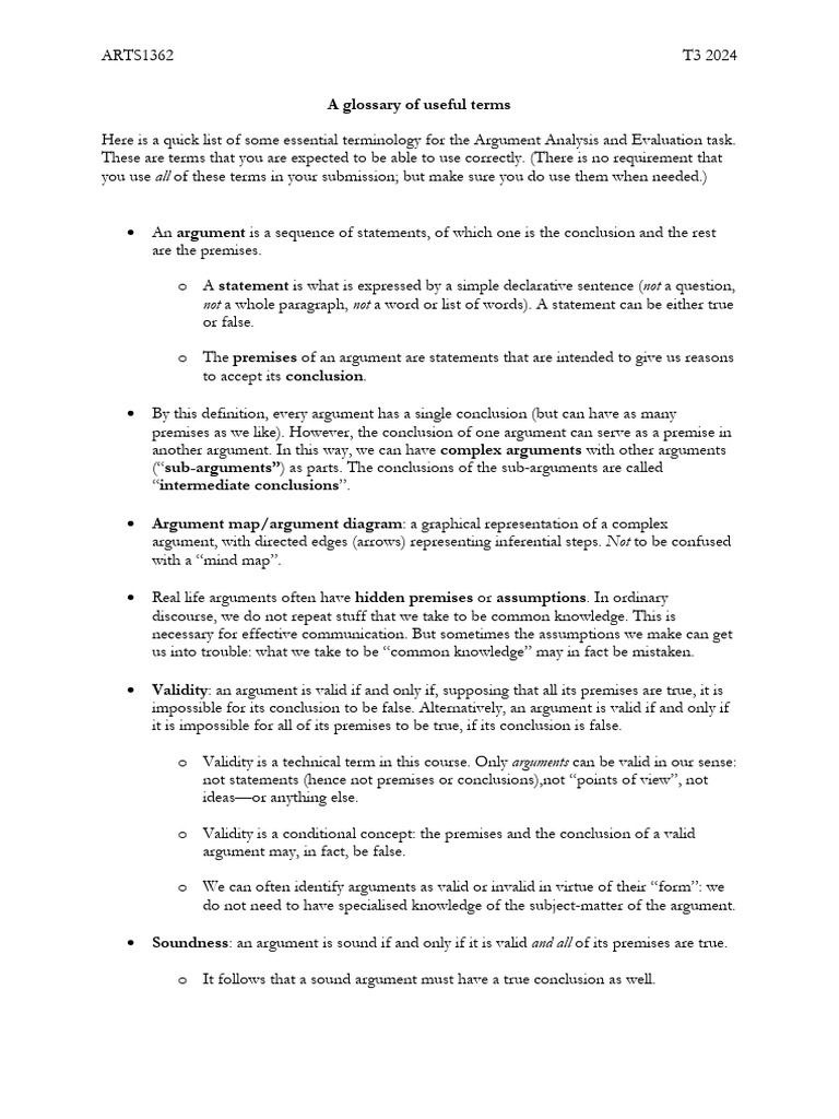 ARTS1362 Terms For Argument Analysis | PDF | Argument | Inductive Reasoning