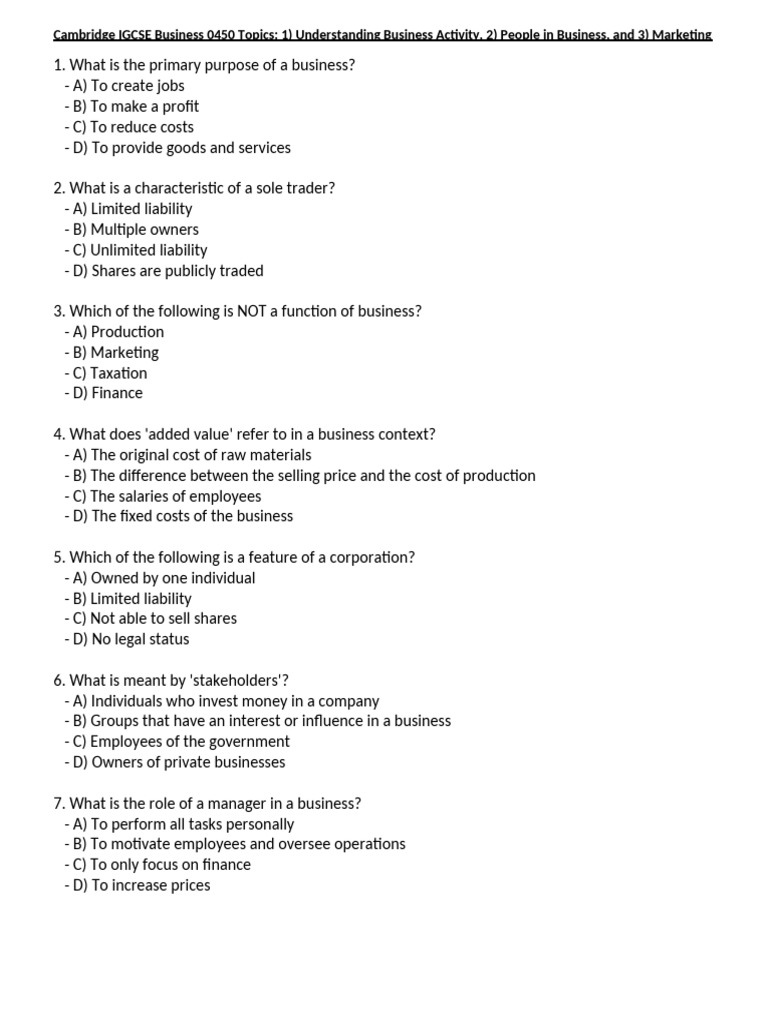 IGCSE Business Studies MCQs Guide | PDF | Marketing | Business