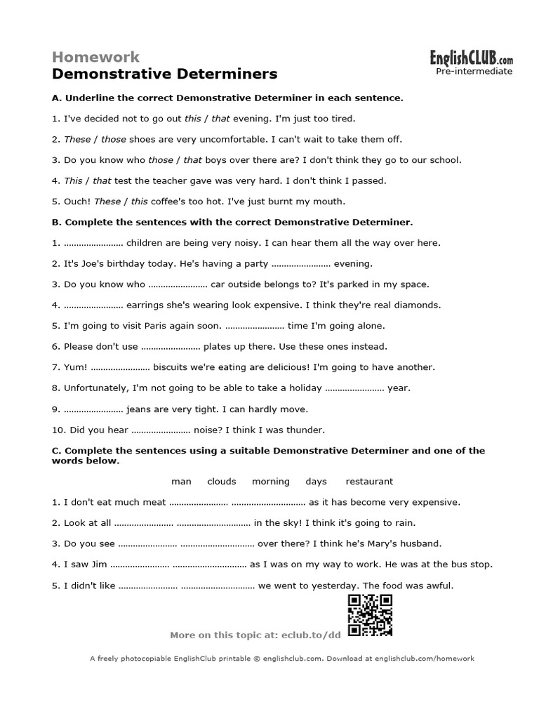 Demonstrative Determiners Homework Guide | PDF