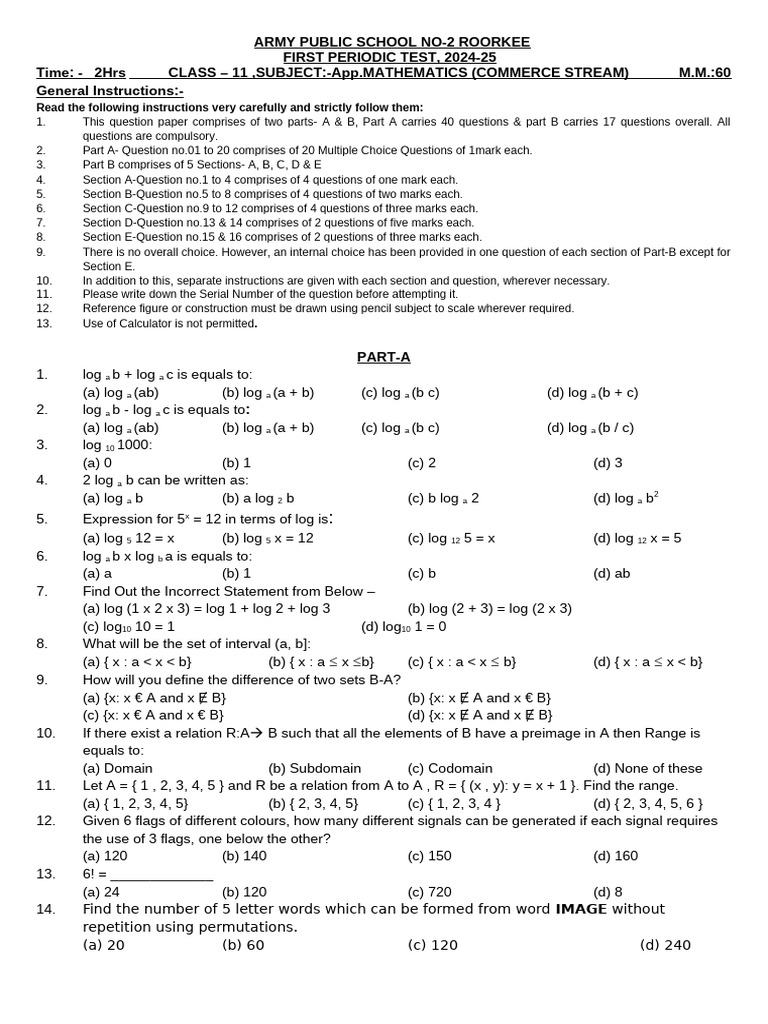 XI Applied Maths FPT 2024-25 (QP) | PDF | Mathematics