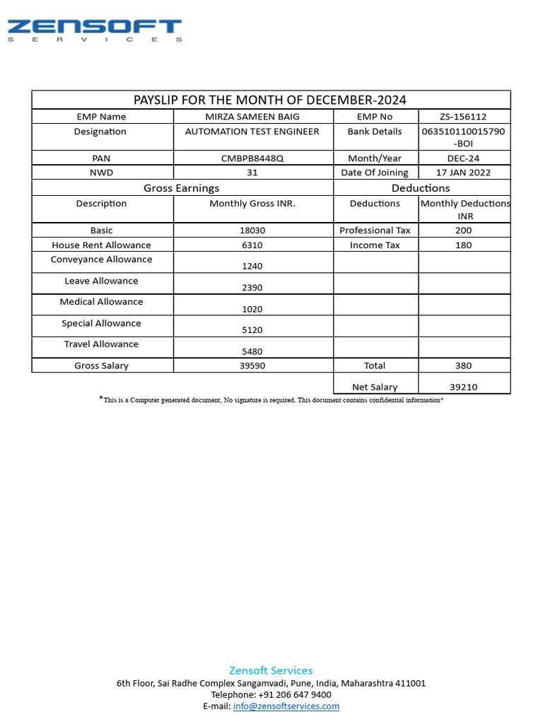 ZS - DEC - 2024 - ZS156112 - Payslip | PDF
