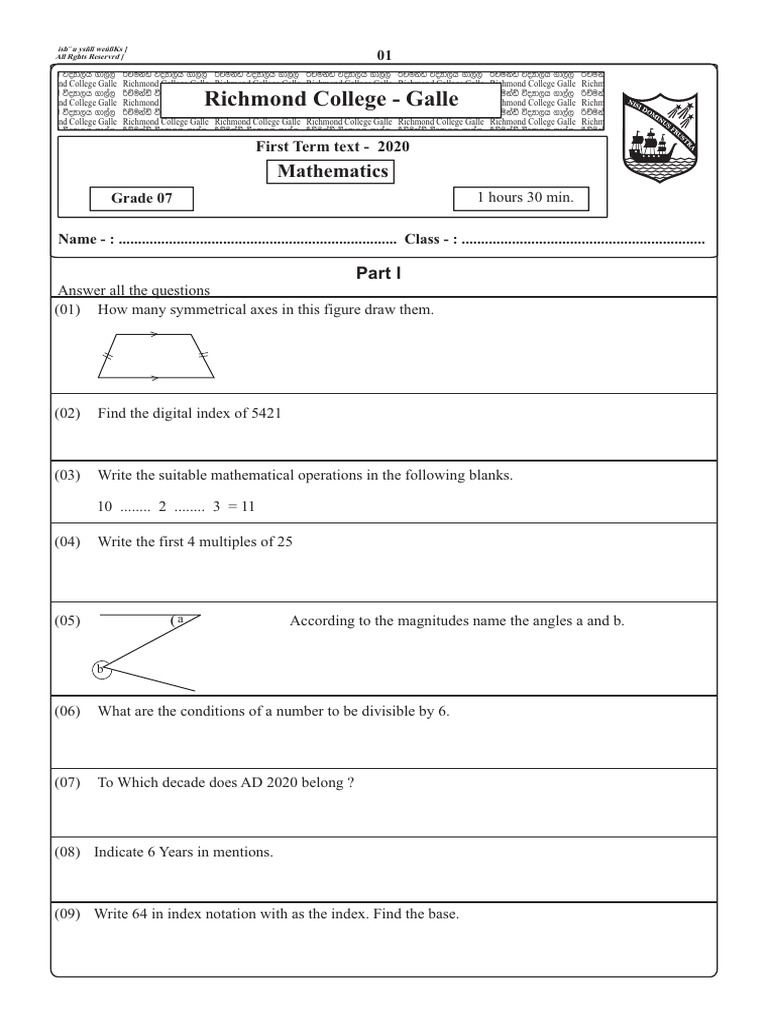 Richmond College Galle Grade 7 Mathematics 2020 1 Term Test Paper ...