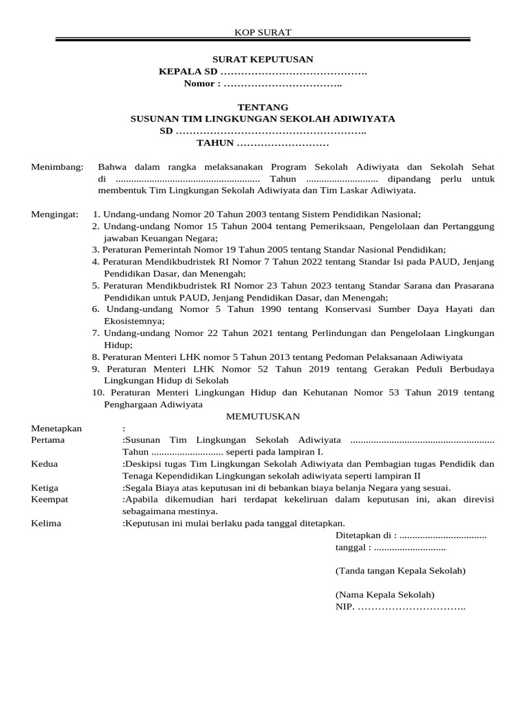 Contoh SK ADIWIYATA SEKOLAH | PDF