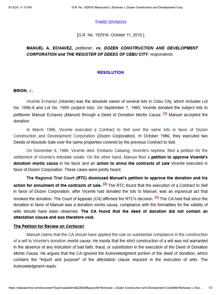 G.R. No. 192916 (Resolution) - Echavez v. Dozen Construction and Development Corp | PDF | Deed ...