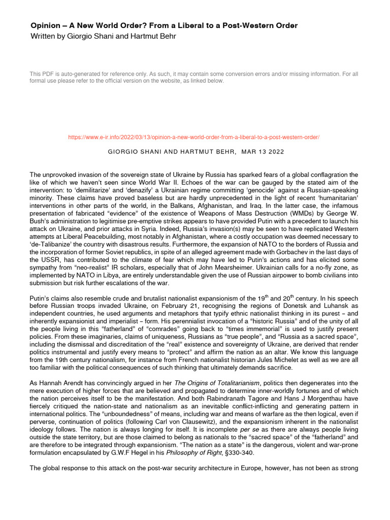 Opinion - A New World Order From A Liberal To A Post Western Order ...