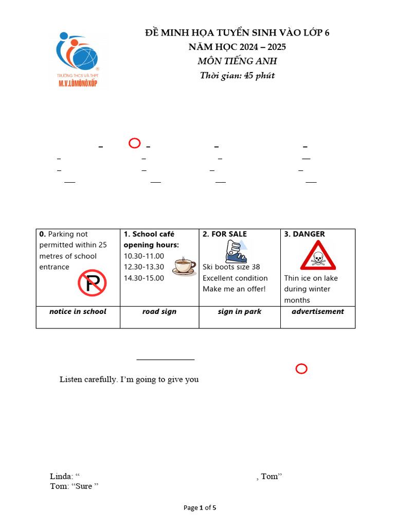 5-De Thi Minh Hoa Tieng Anh Vao Lop 6-2024-2025-Lomonoxop-Ha Noi | PDF | Paper | Jeans