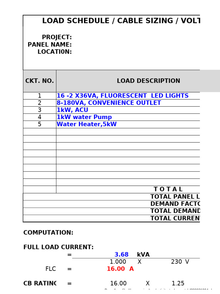 Load Schedule and Cable Sizing Guide | PDF | Components | Electricity
