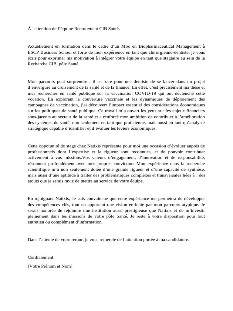 Candidature de stage en santé et finance | PDF