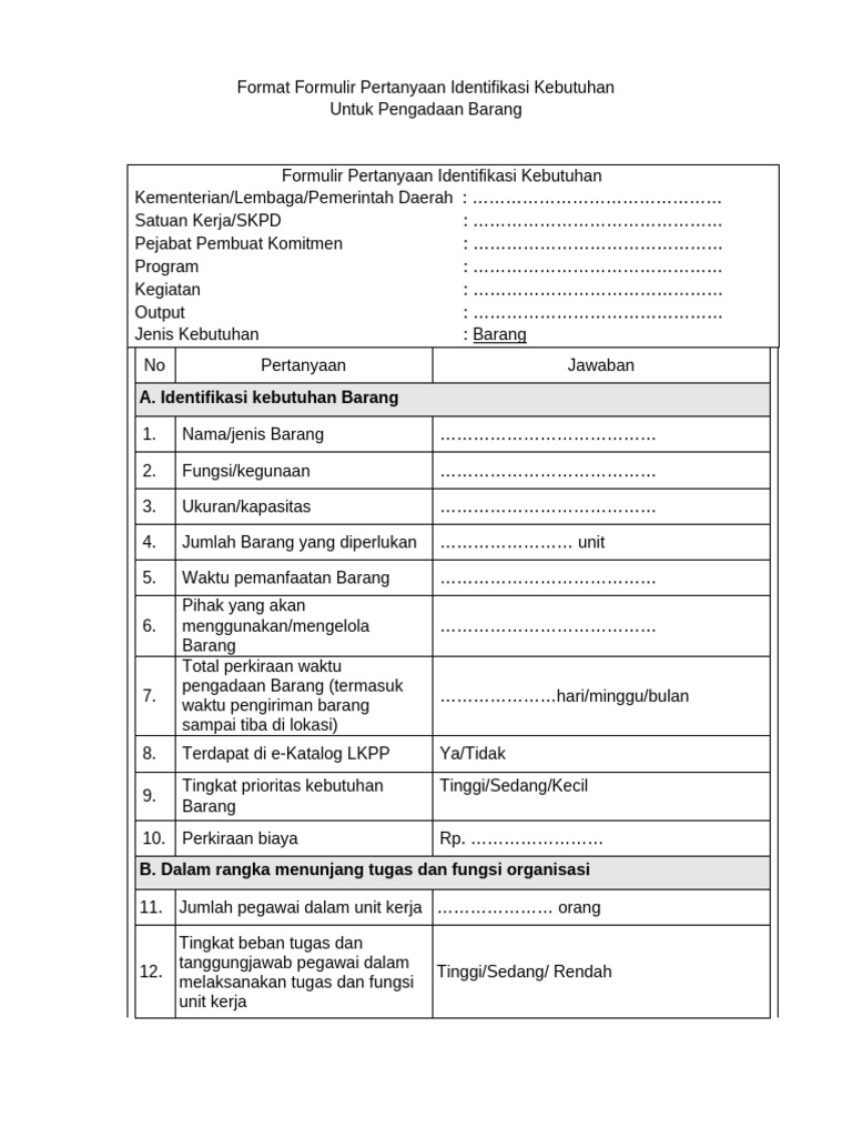 Format Formulir Pertanyaan Identifikasi Kebutuhan - Barang | PDF
