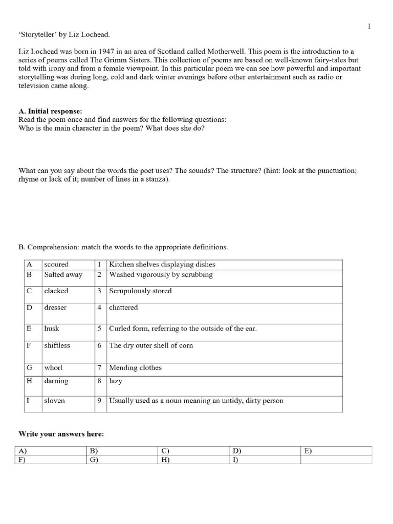 'Storyteller' Poem Analysis Worksheet | PDF