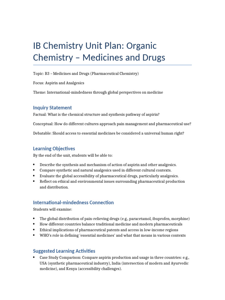 IB Chemistry Unit Plan Medicines and Drugs | PDF | Analgesic | Aspirin
