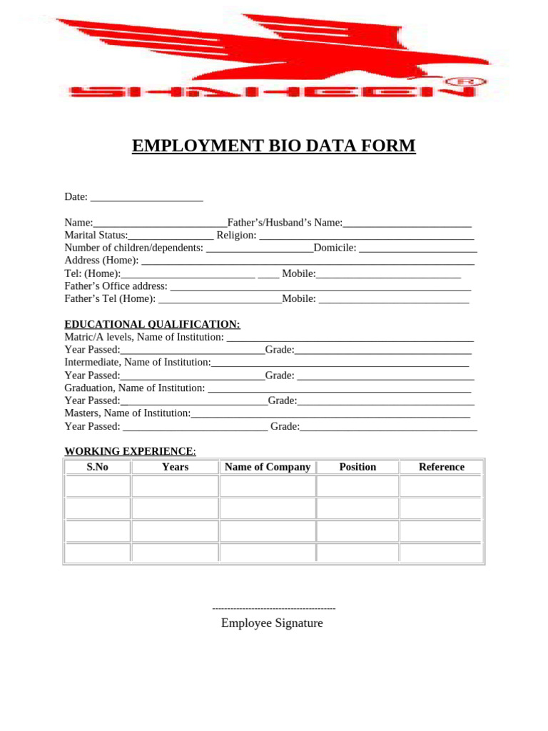 Employment Bio Data Form Template | PDF