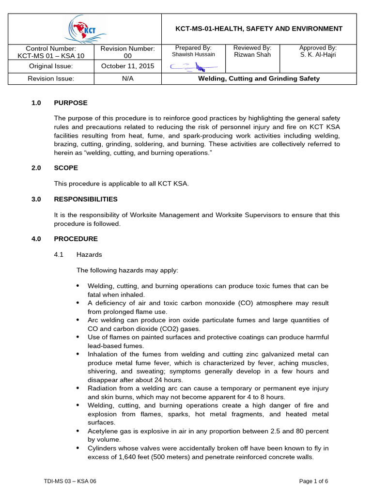 KCT-MS 01 - KSA 10 - Welding, Cutting and Grinding Safety | PDF | Welding | Construction