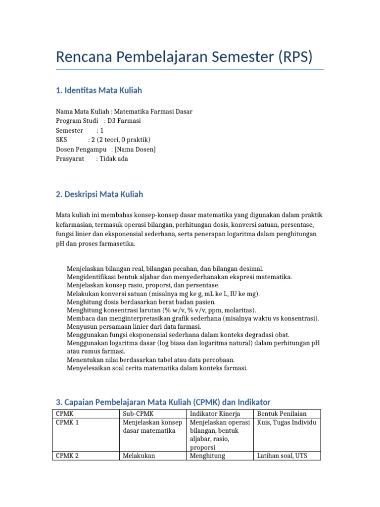 RPS Matematika Farmasi Dasar | PDF