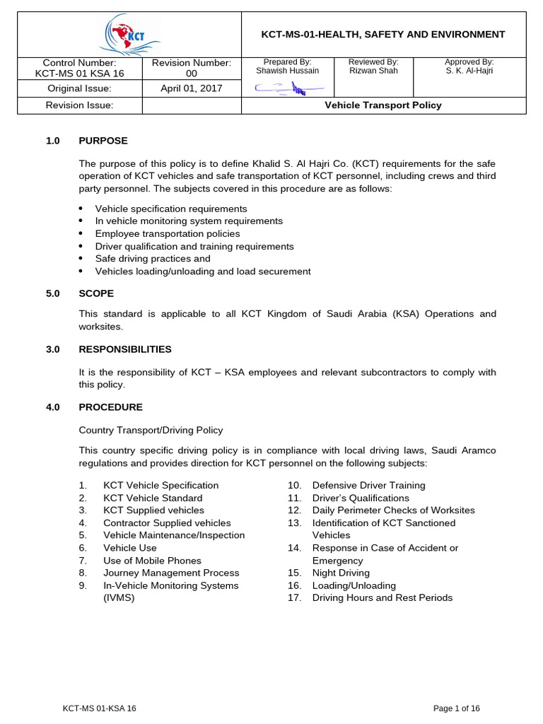 KCT-MS 01 - KSA 16 - Vehicle Transport Policy | PDF | Driving | Seat Belt
