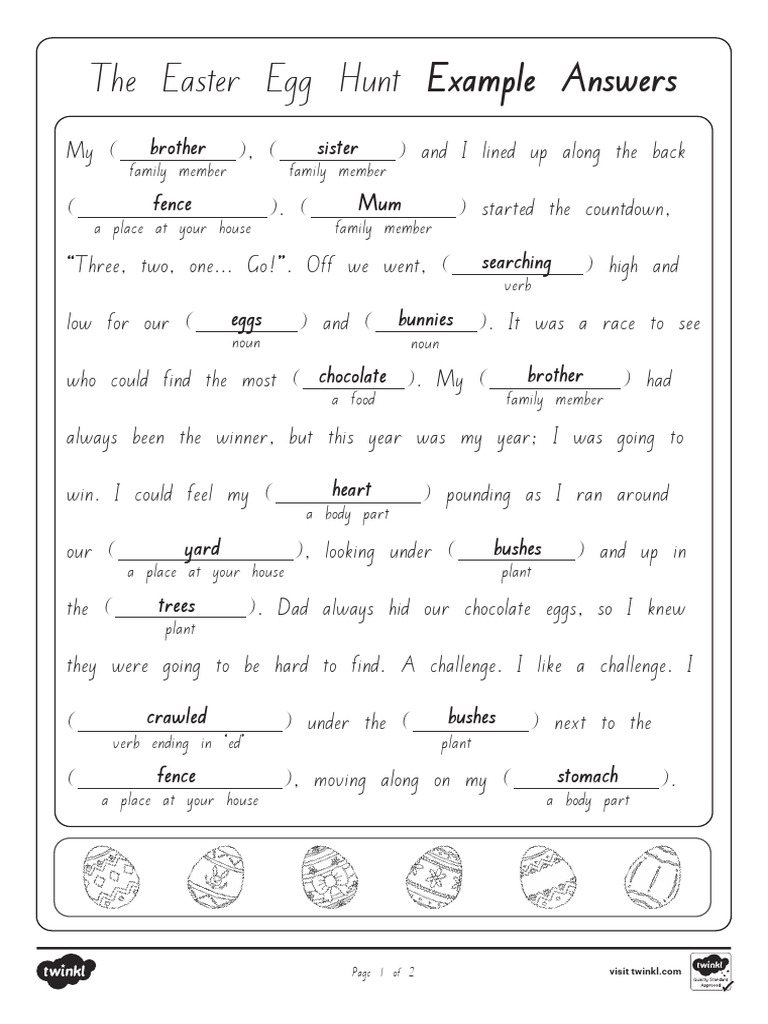 Activity Example Answers - Easter Fill in The Blanks Story | PDF