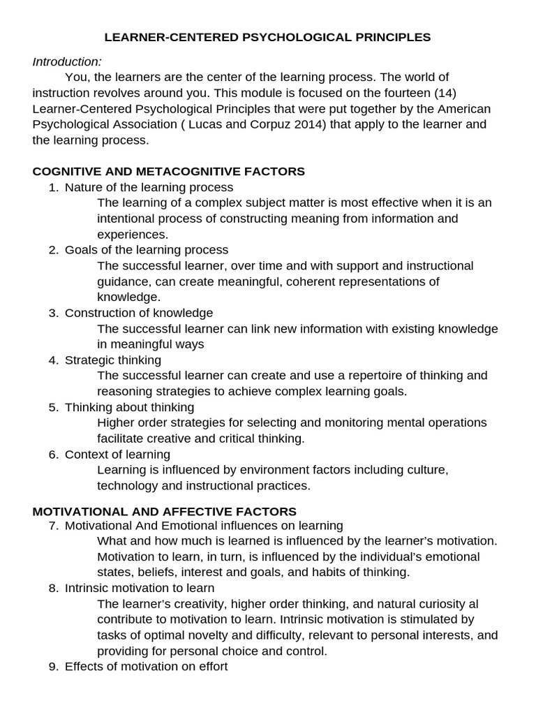 Learner-Centered Psychological Principles | PDF | Learning | Motivational
