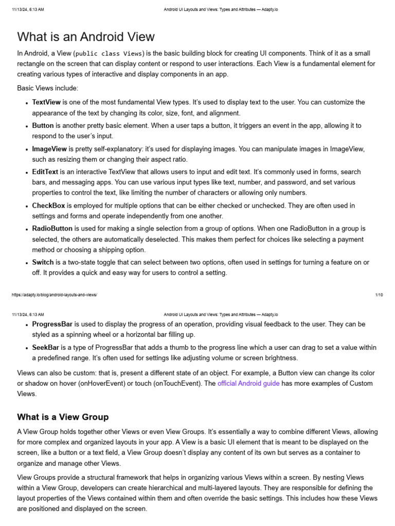 Android Ui Layouts And Views Types And Attributes Pdf Xml User Interface